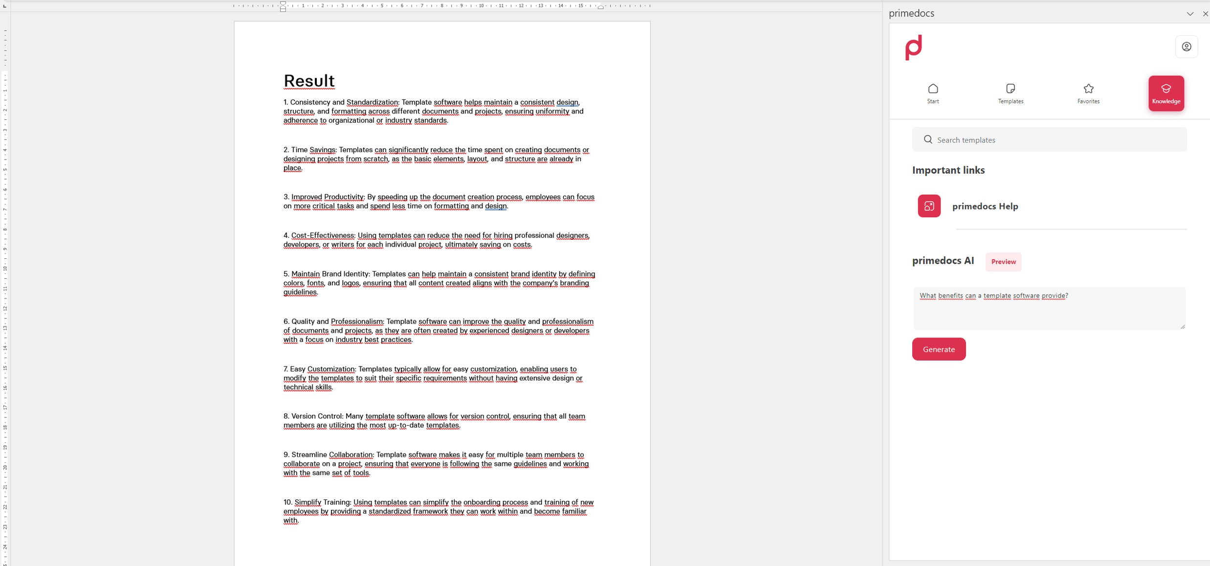 Primedocs template software now has a ChatGPT interface