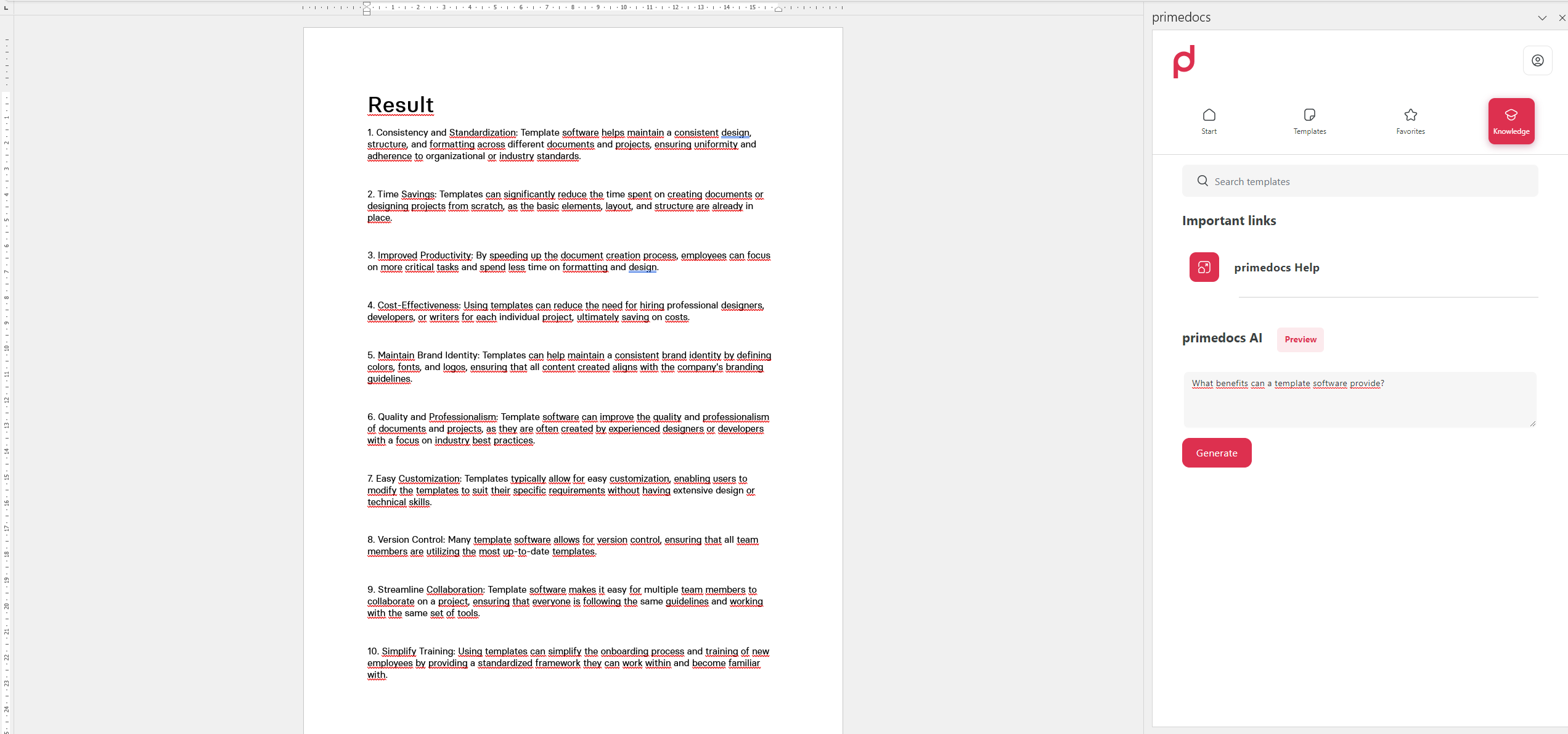 Primedocs template software now has a ChatGPT interface